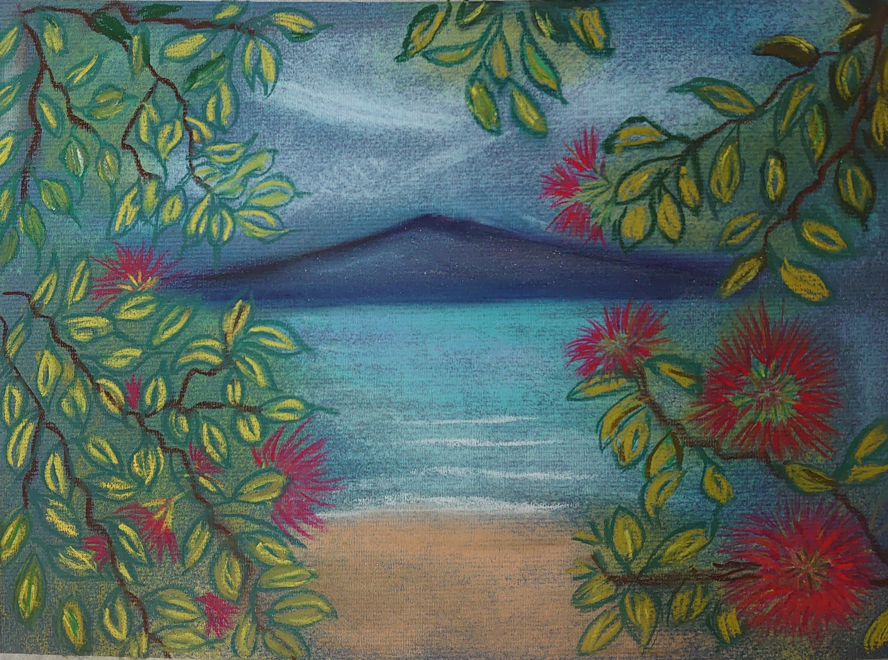 View of Rangitoto, North Island with Pohutukawa – Wendy Parker's Art ...